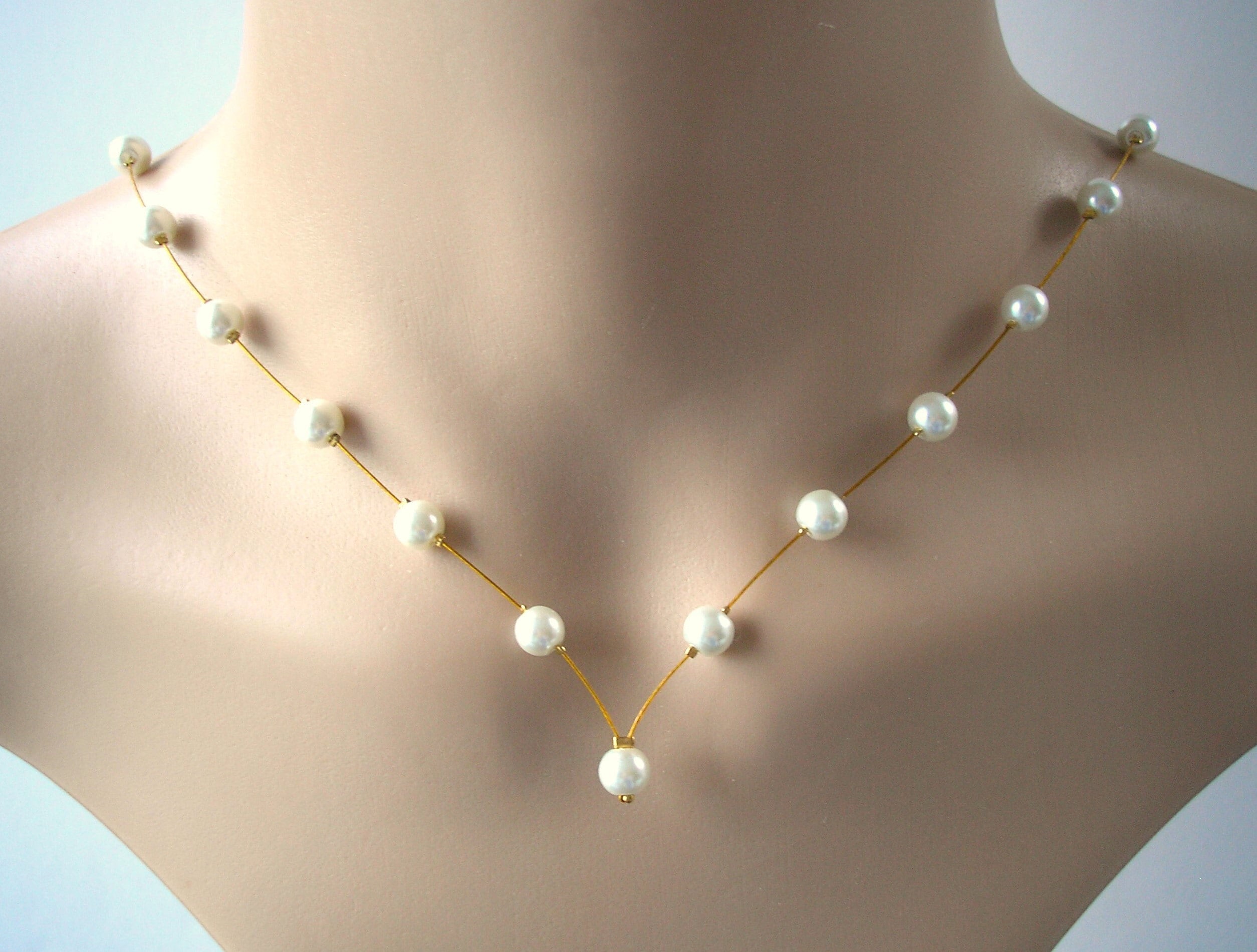 V Neck Necklace, Dainty Handmade Pearl Bridal Necklace for Women Bride ...