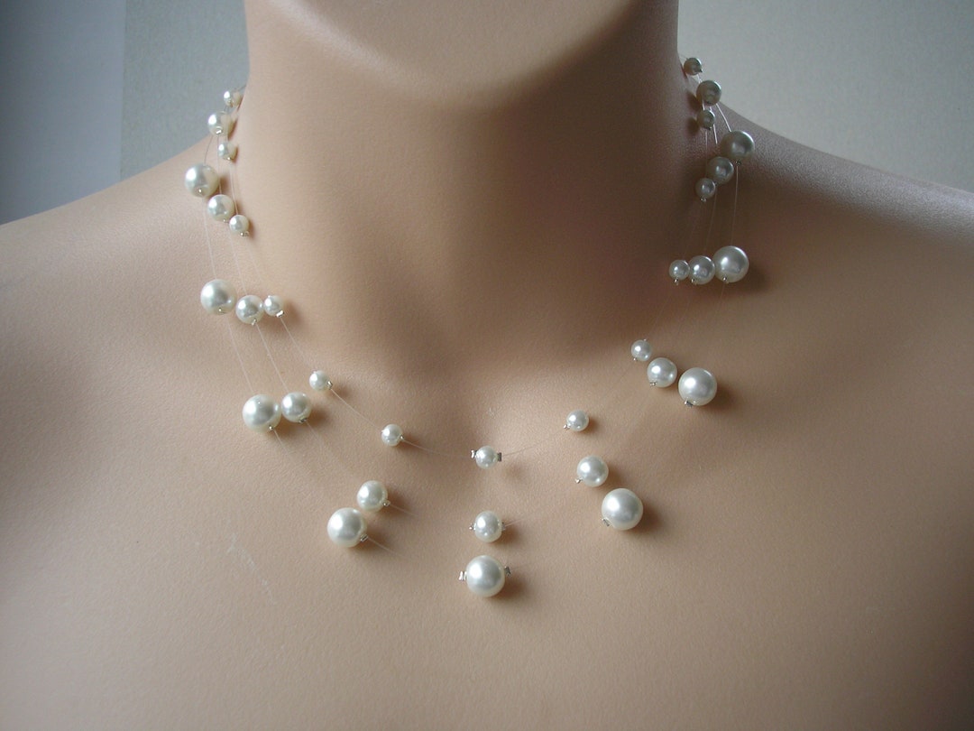 Pearl Bridal Necklace, Triple Strand Graduated Pearl Floating Illusion ...