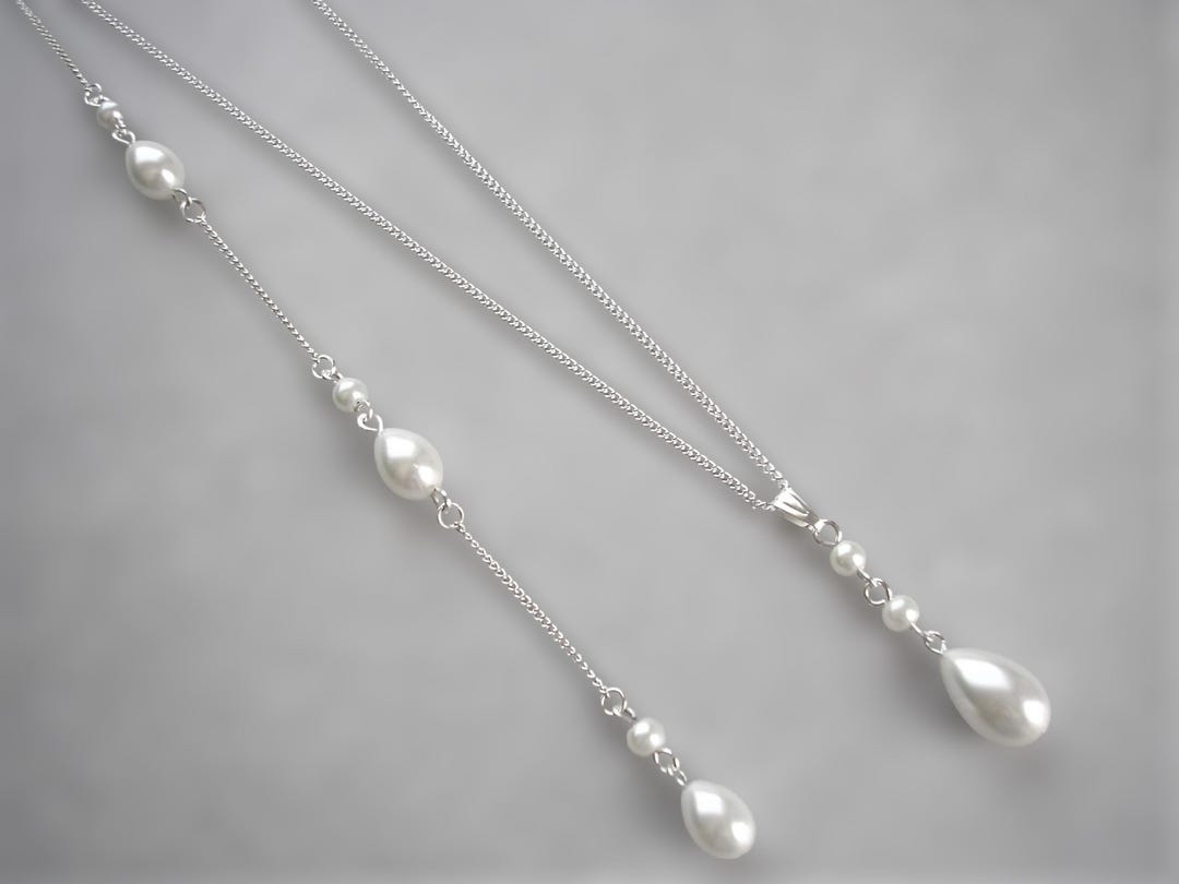 Long Drop Teardrop Pearl Backdrop Necklace for Women Brides Bridesmaid ...