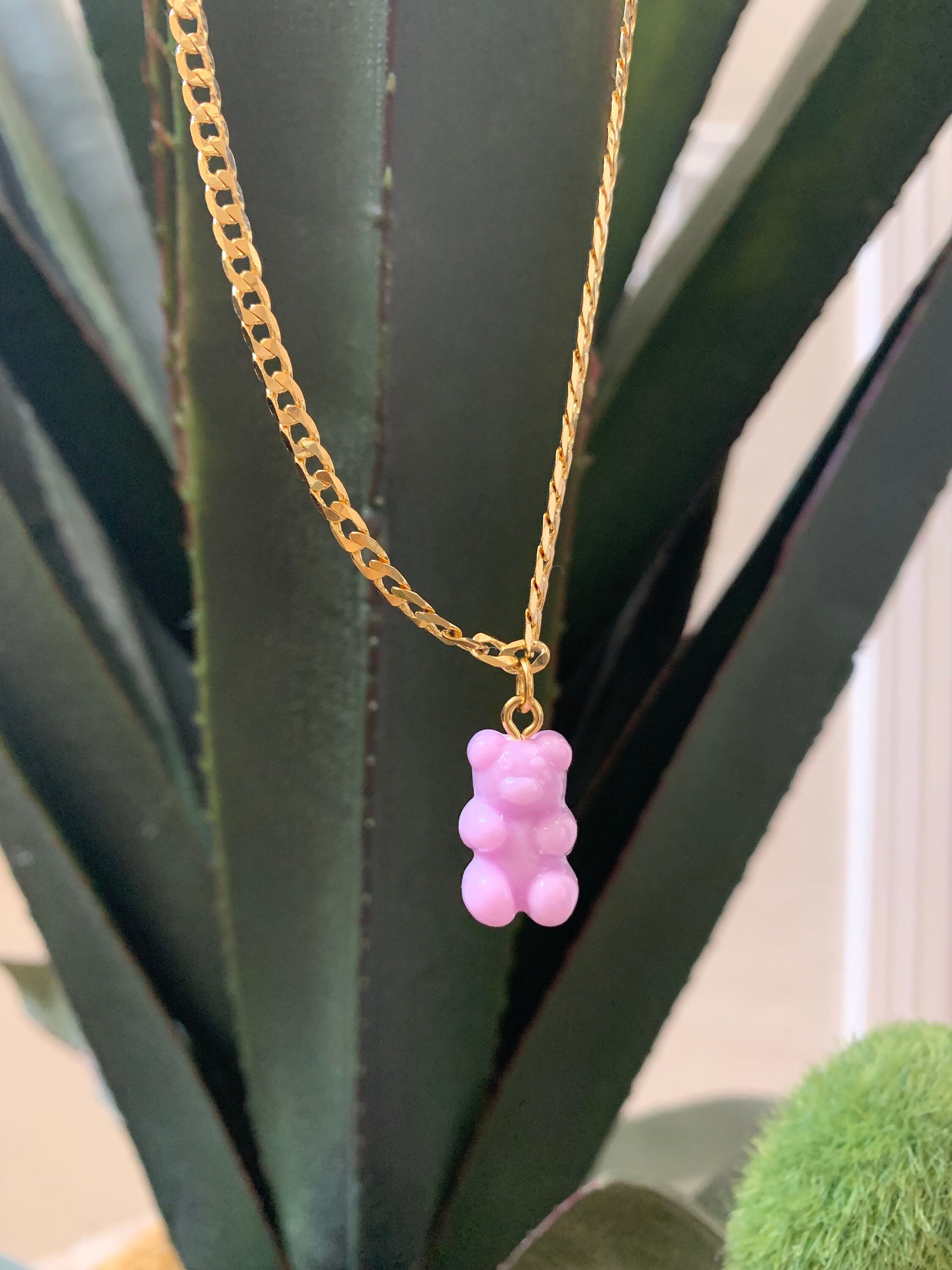 Gold Curb Chain Necklace With Gummy Bear Pendant Pink Green Purple ...