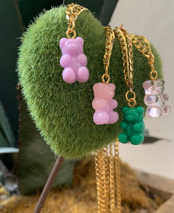 Gold Curb Chain Necklace With Gummy Bear Pendant Pink Green | Etsy