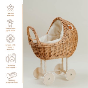 Natural Wicker & Beech Wood Doll's Pram for Kids! Eco-friendly, Vintage ...