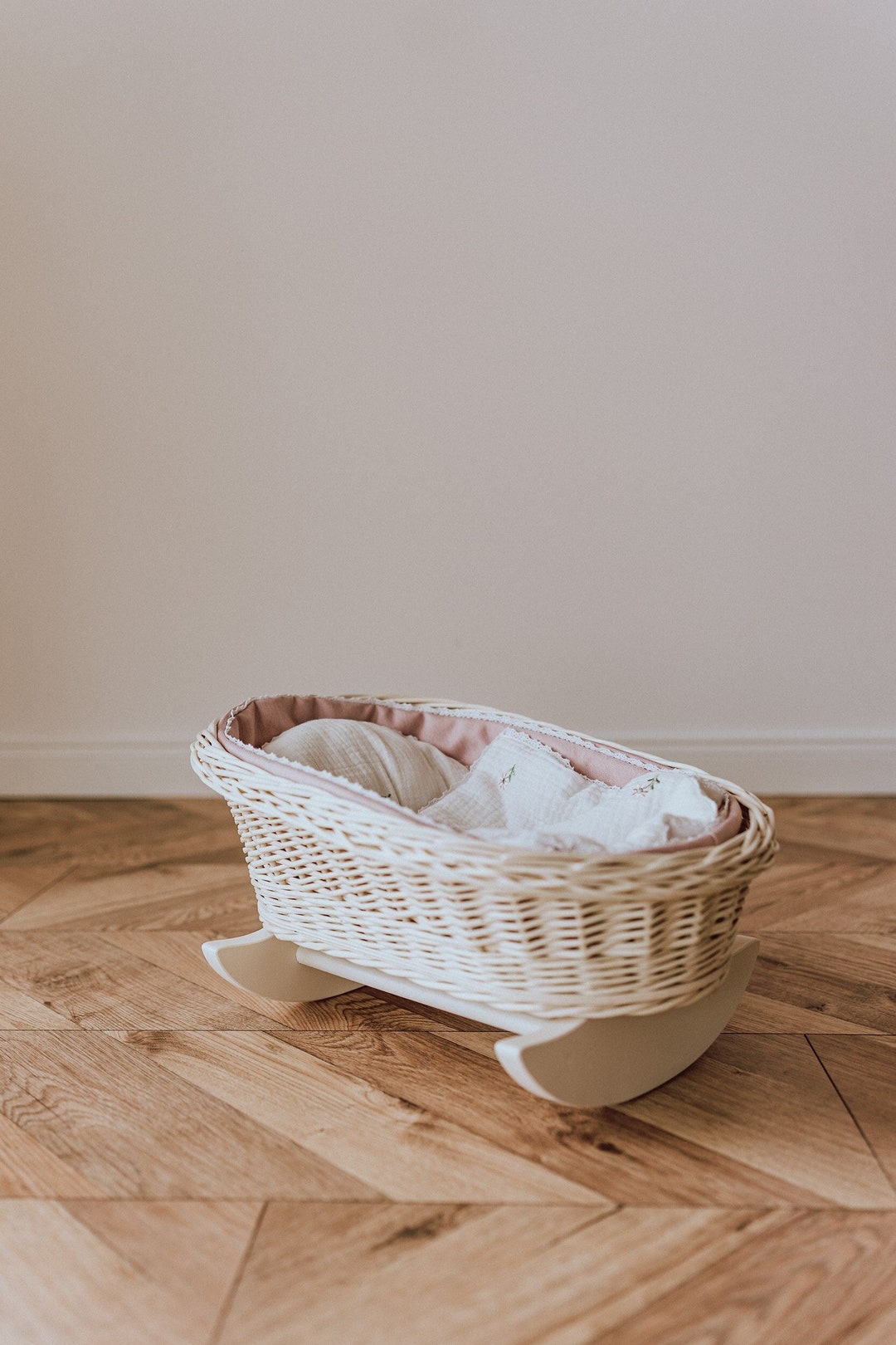 Unpainted Natural Wicker Cradle With Bedding for Girl, Wicker & Beech ...