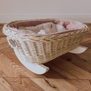 Unpainted Natural Wicker Cradle With Bedding for Girl, Wicker & Beech ...
