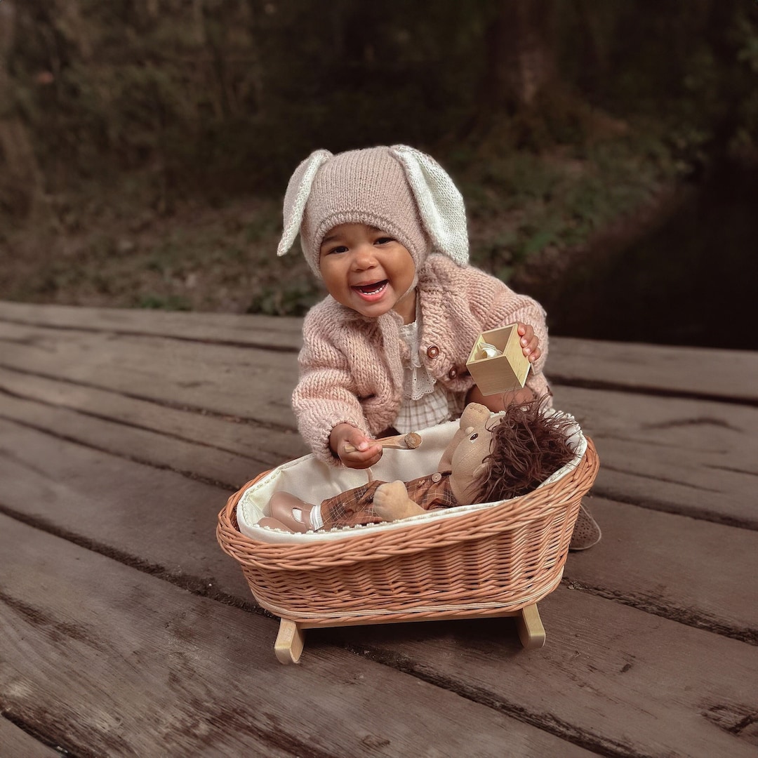 Natural Wicker Cradle With Bedding for Girl, Wicker & Beech Wood Doll's ...