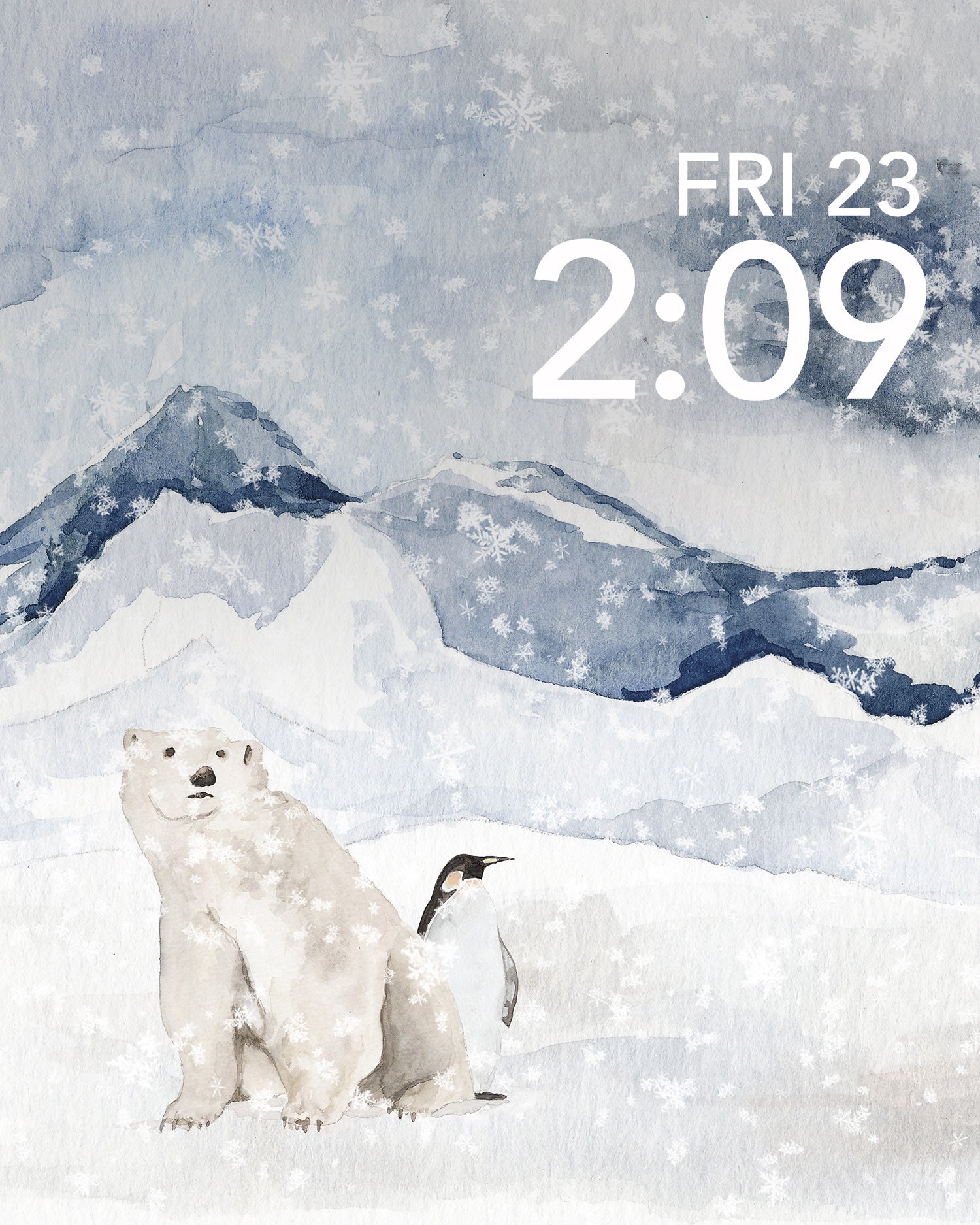 Winter Apple Watch Wallpaper Snowy Polar Bear and Penguin Watercolor ...