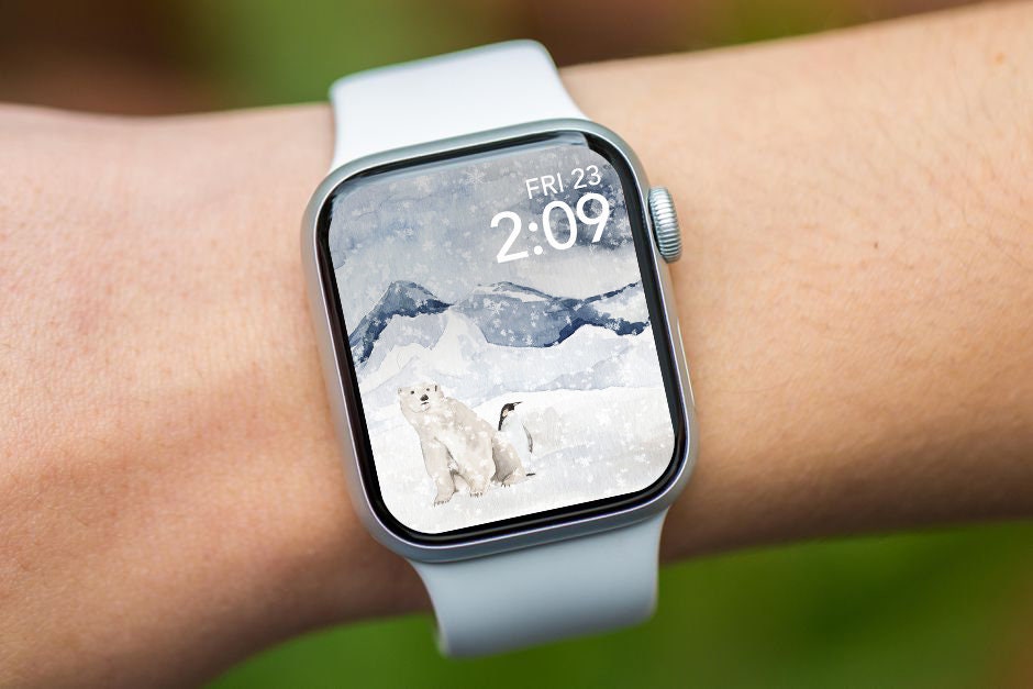 Winter Apple Watch Wallpaper Snowy Polar Bear and Penguin Watercolor ...