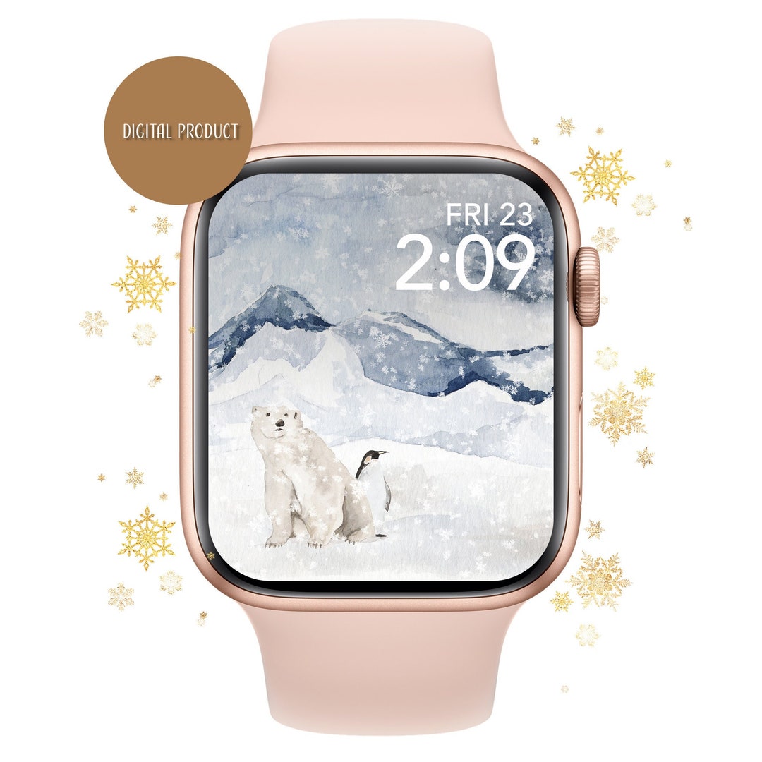 Winter Apple Watch Wallpaper Snowy Polar Bear and Penguin Watercolor ...