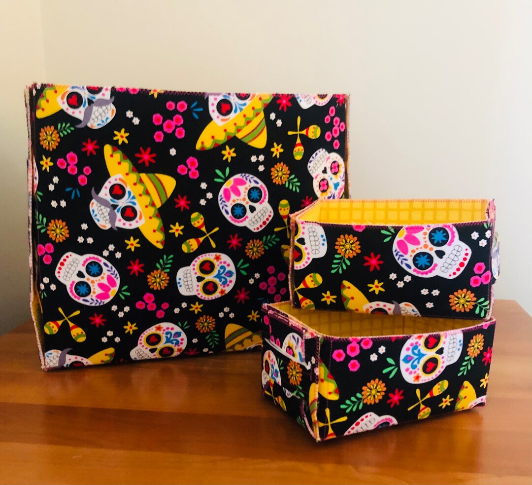 Day of the Dead Skulls Fabric Baskets! Dia De Los Muertos Boxes/bins ...