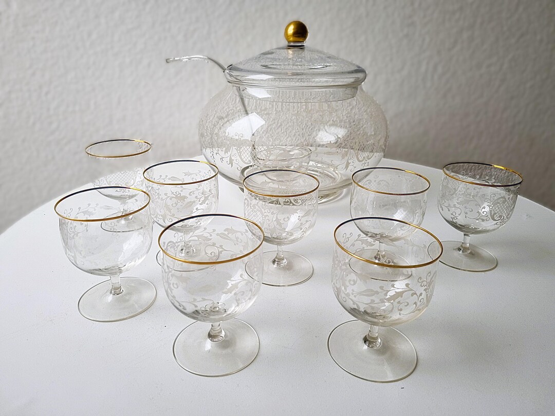 70s Glass Punch Set 1x Punch Bowl 8x Glasses 1x Glass Ladle Motif 80s ...