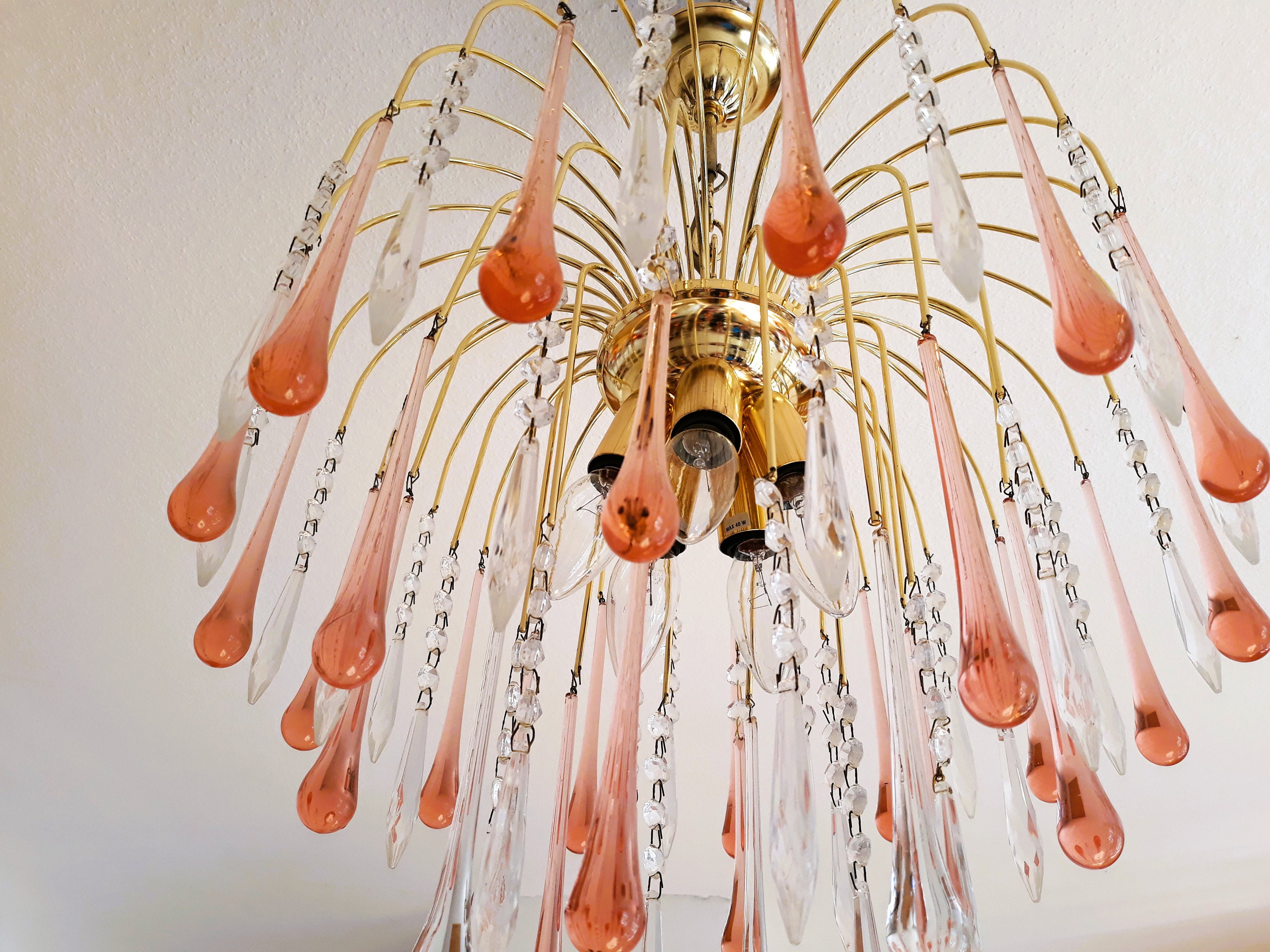 70s Waterfall Lamp, Light Pink Glass Drops, Crystals, Diameter 42 Cm ...