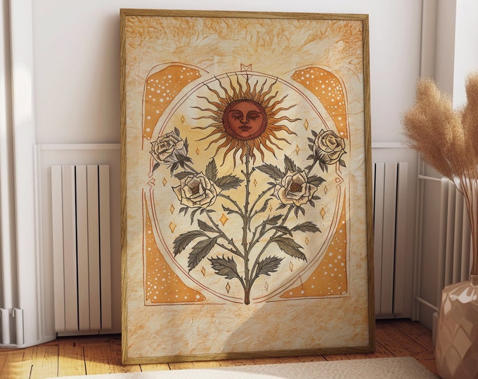 Blue Sun Art Poster Mystical Norse Folk Art Illustration Flowery ...