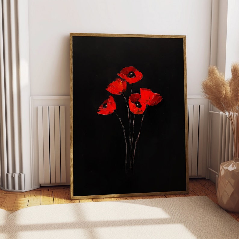 Vintage Red Poppy Oil Painting Antique Black Gothic Flower Print ...