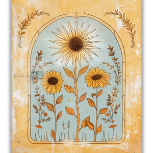 Sunflower Sun Art Poster Mystical Folk Art Illustration Flowery ...