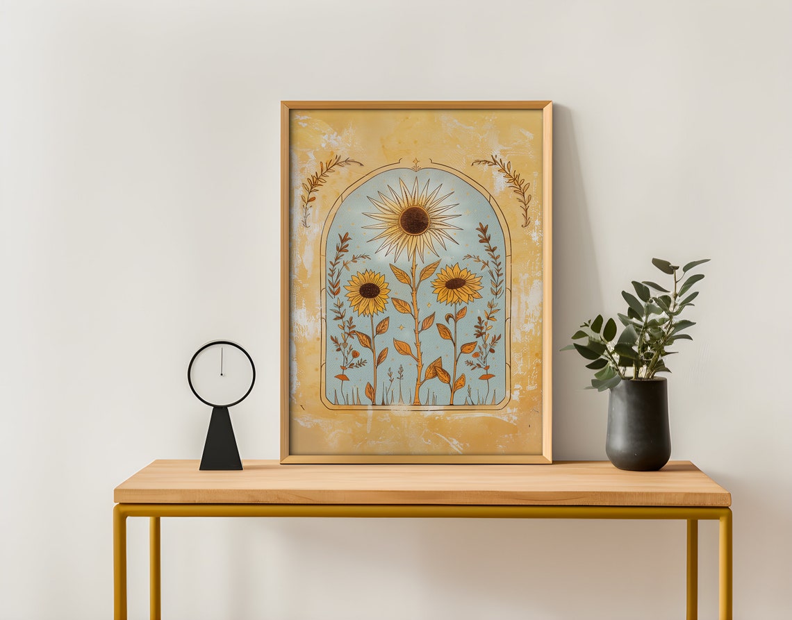 Sunflower Sun Art Poster Mystical Folk Art Illustration Flowery ...