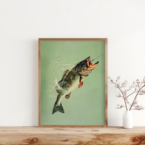 Vintage Bass Fishing Poster Art Cabin Wall Decor Outdoor Sports Angler ...