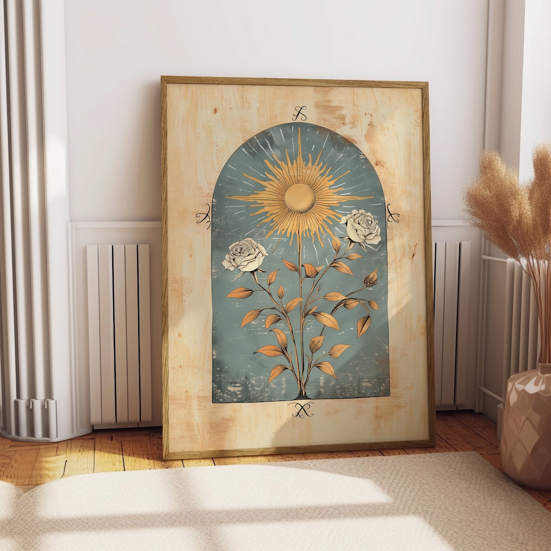 Blue Sun Art Poster Mystical Norse Folk Art Illustration Flowery ...