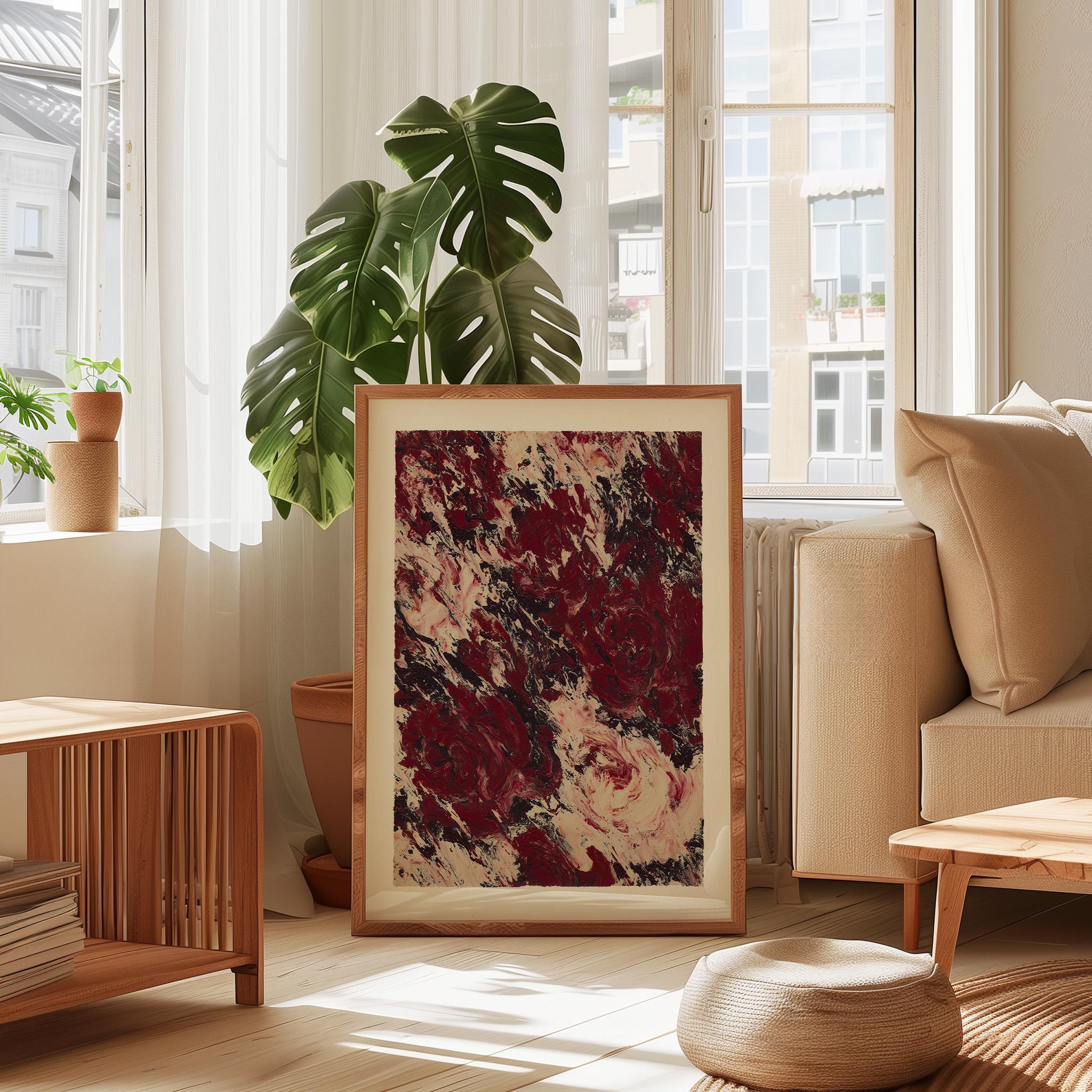 Abstract Red and White Roses Swirl Art Print, Modern Maroon Wall Art ...