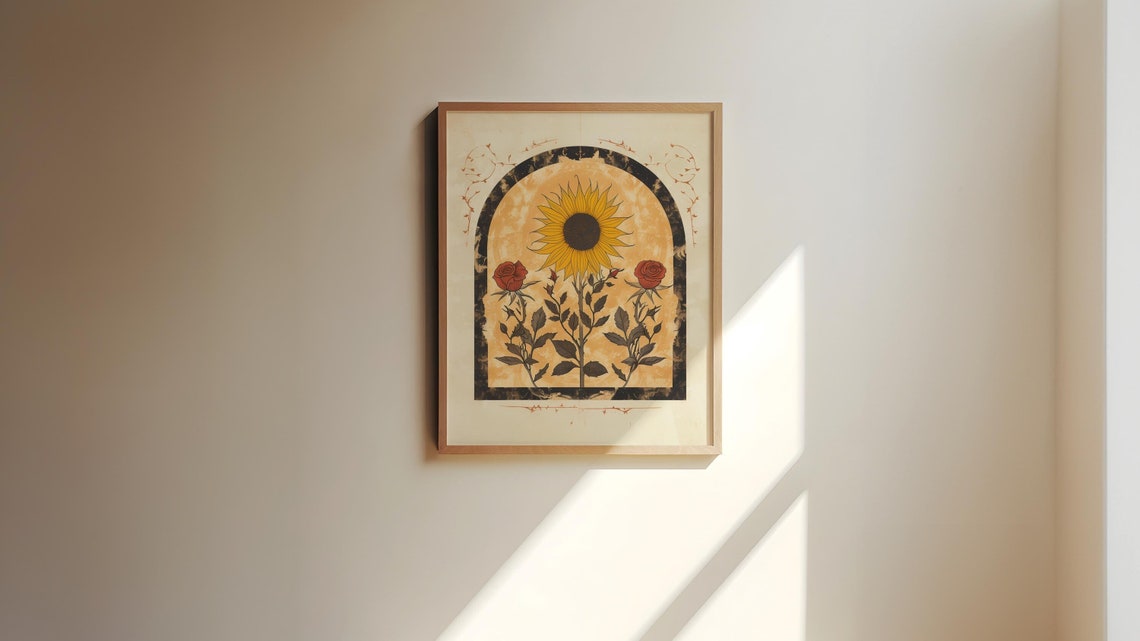 Sunflower and Roses Sun Art Poster Mystical Folk Art Illustration ...