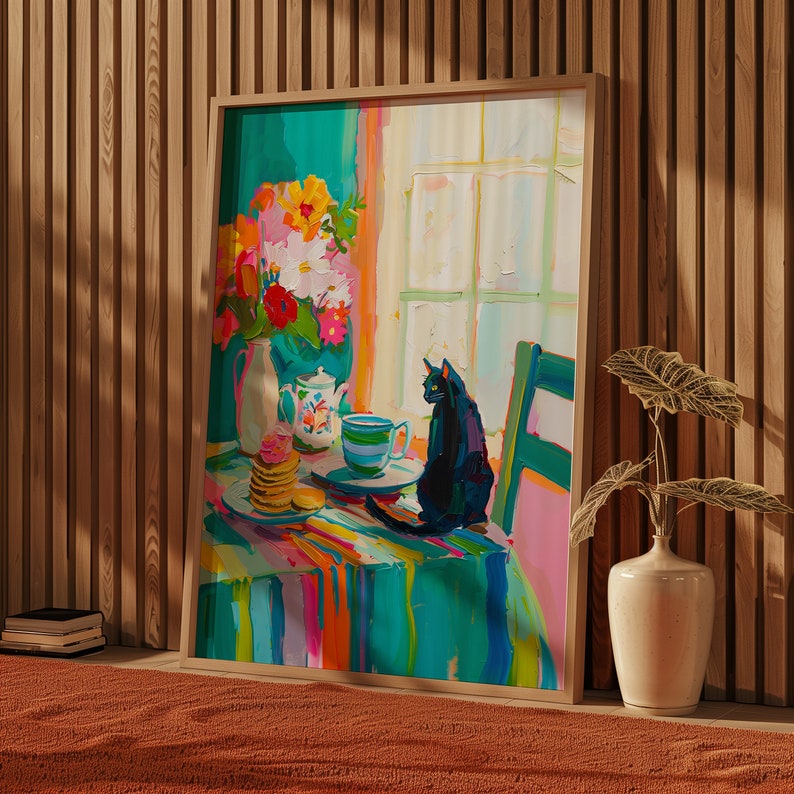 Black Cat at Breakfast Table Print Kitchen Abstract Painting Vibrant ...