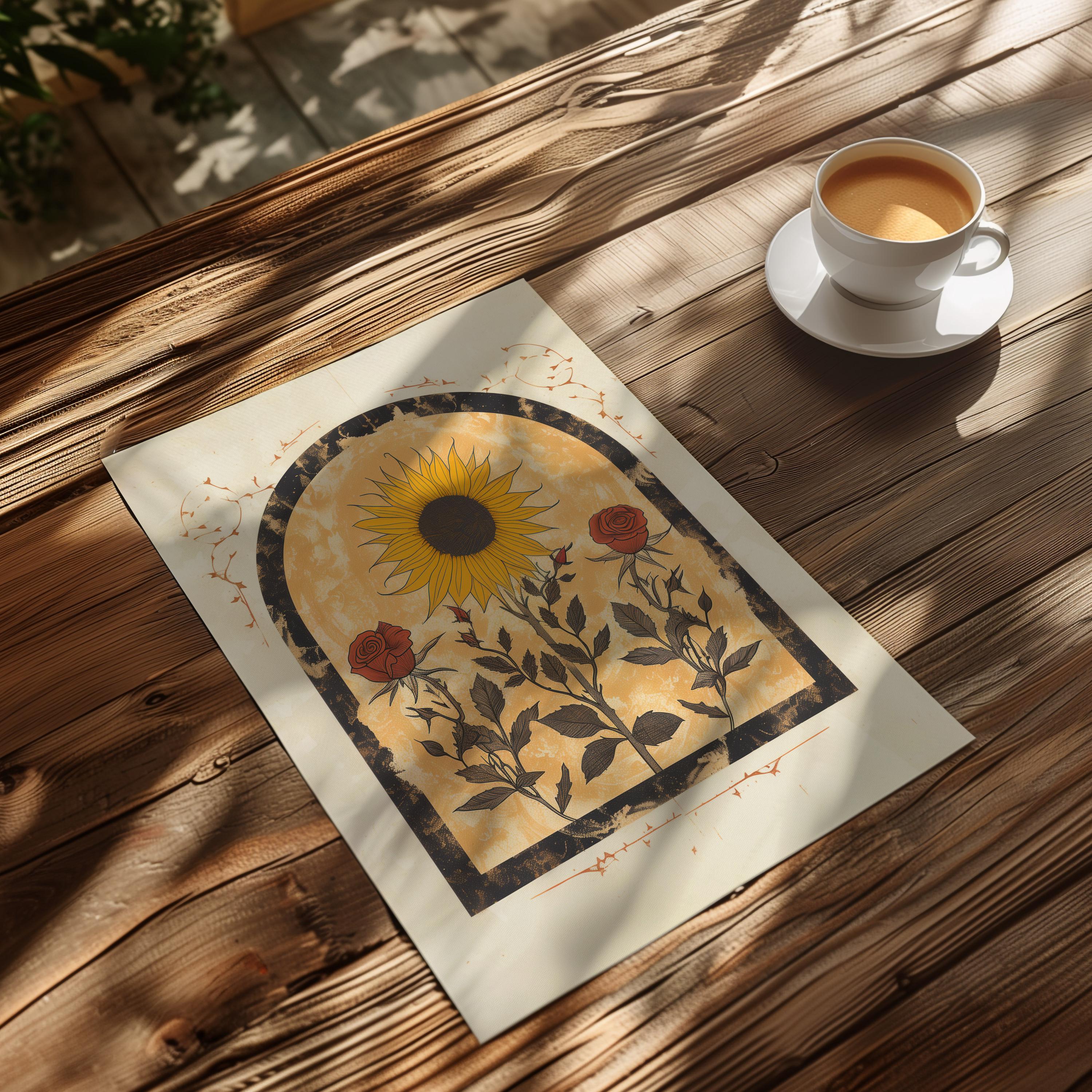 Sunflower and Roses Sun Art Poster Mystical Folk Art Illustration ...