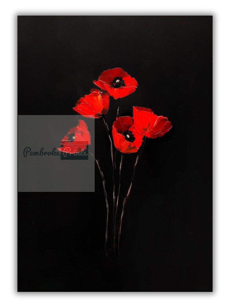 Vintage Red Poppy Oil Painting Antique Black Gothic Flower Print ...