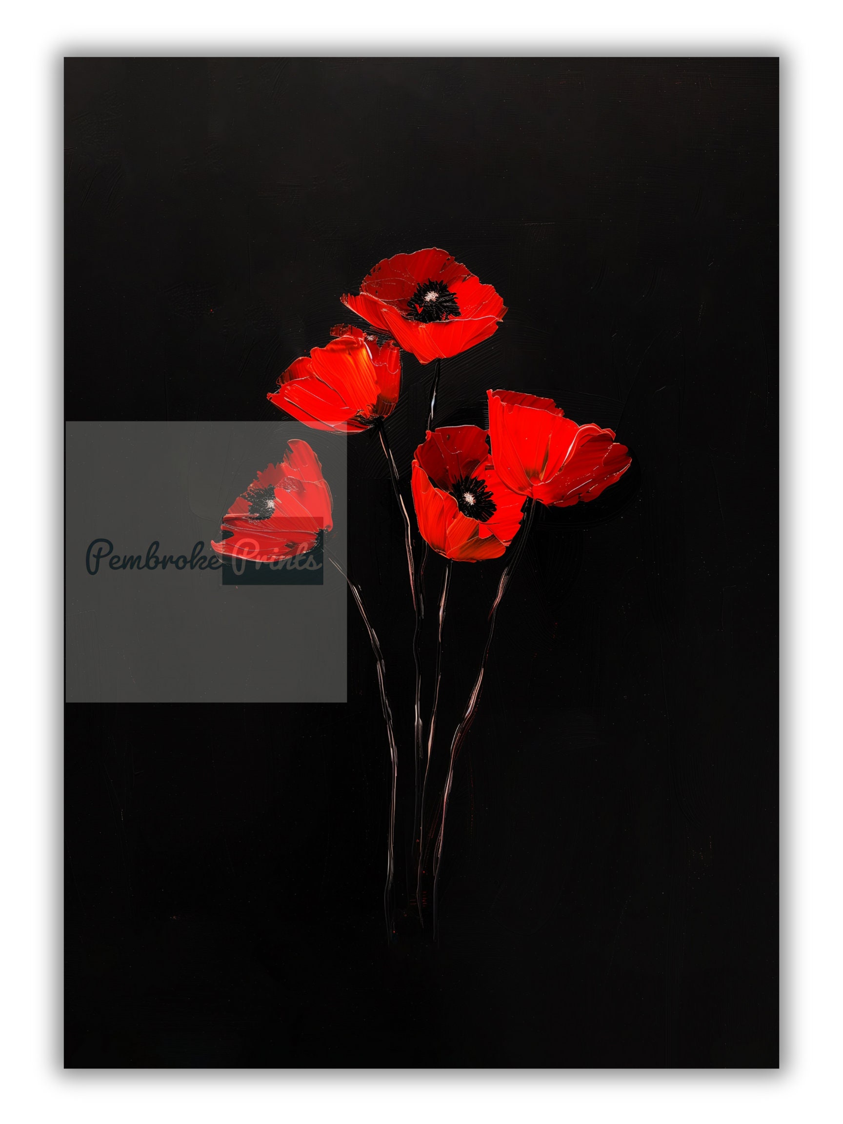 Vintage Red Poppy Oil Painting Antique Black Gothic Flower Print ...