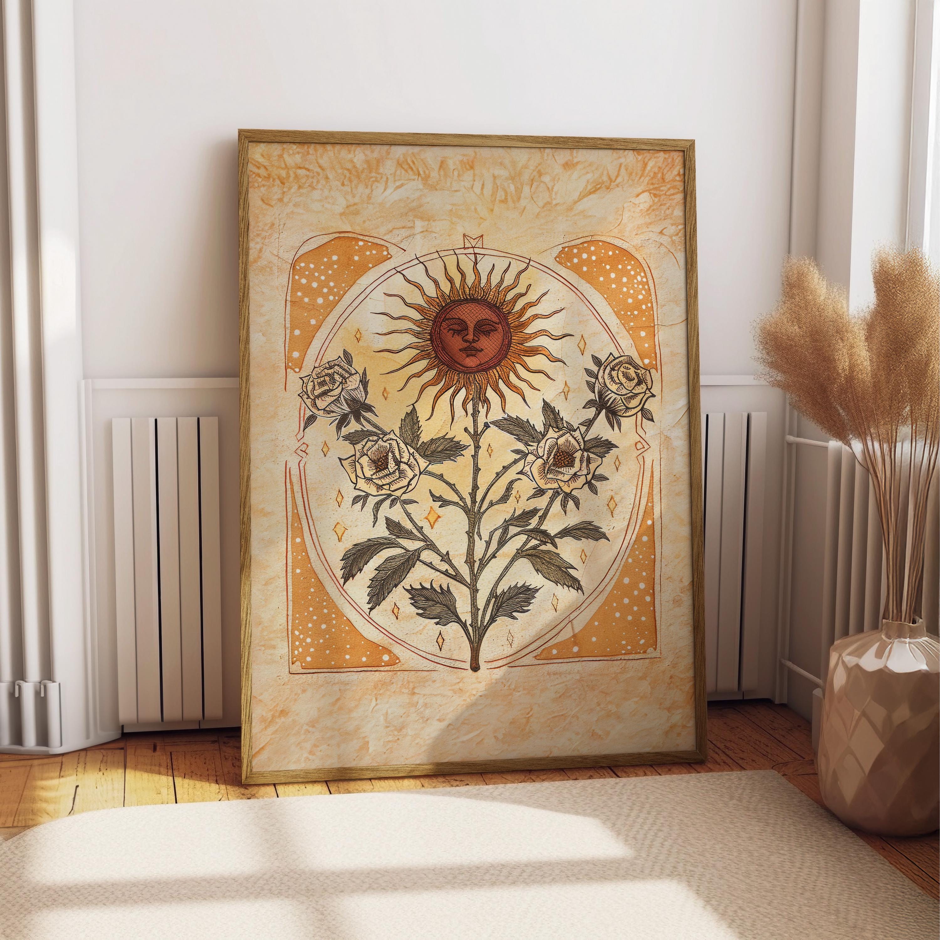 Sun Art Poster Mystical Folk Art Illustration Flowery Spiritual Print ...
