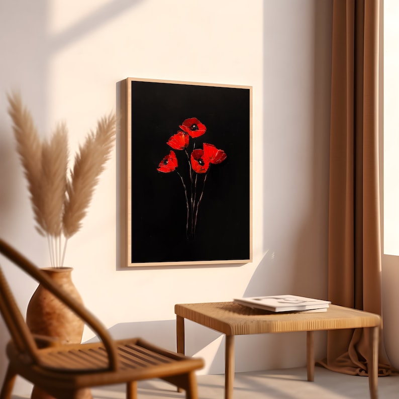 Vintage Red Poppy Oil Painting Antique Black Gothic Flower Print ...