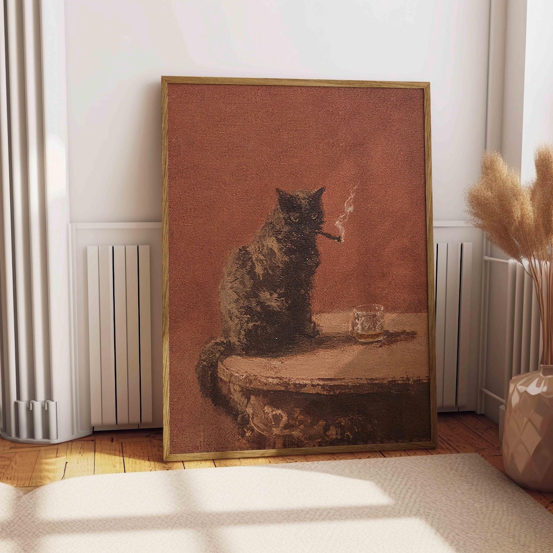 Black Cat Smoking a Cigarette Print Vintage Oil Painting Funny Animal ...