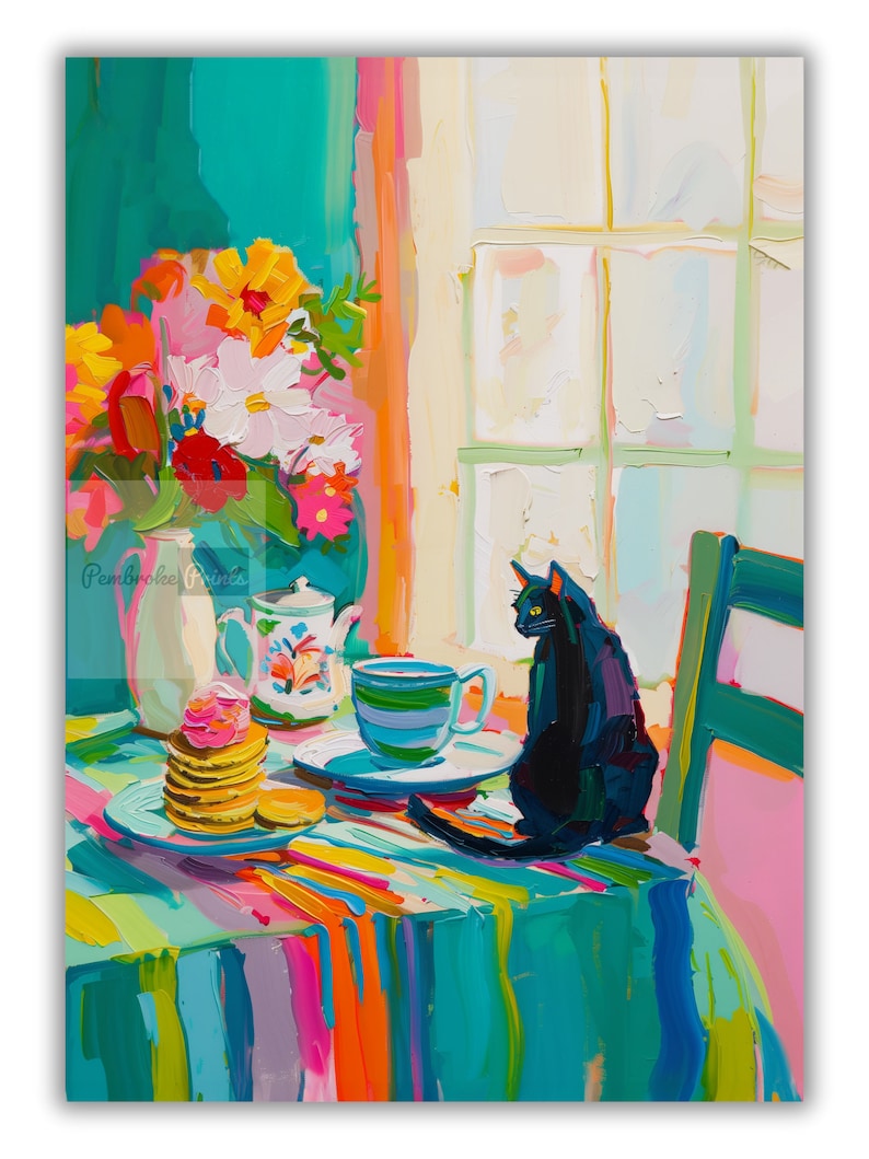 Black Cat at Breakfast Table Print Kitchen Abstract Painting Vibrant ...