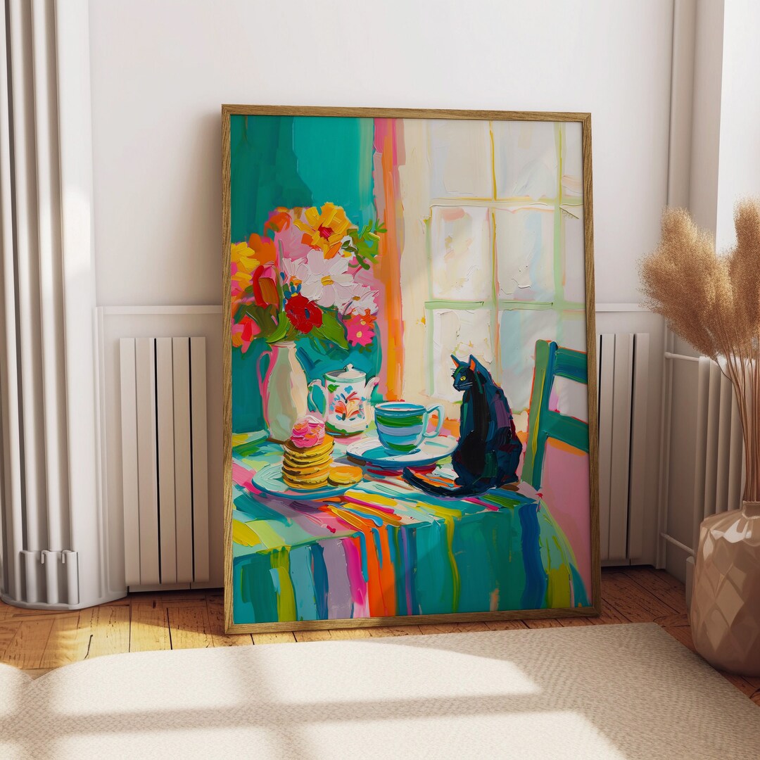 Black Cat at Breakfast Table Print Kitchen Abstract Painting Vibrant ...