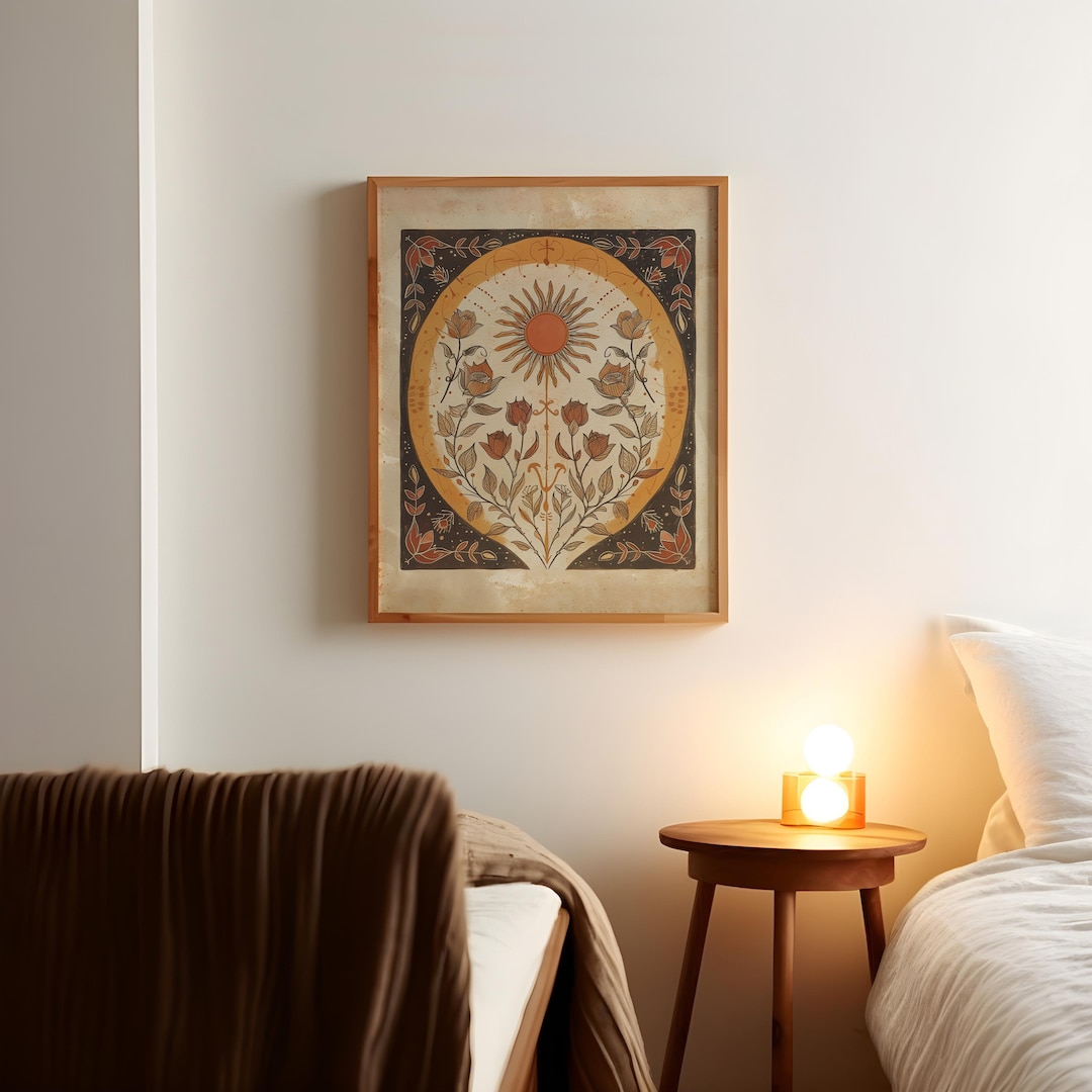Orange Sun and Roses Sun Art Poster Mystical Folk Art Illustration ...