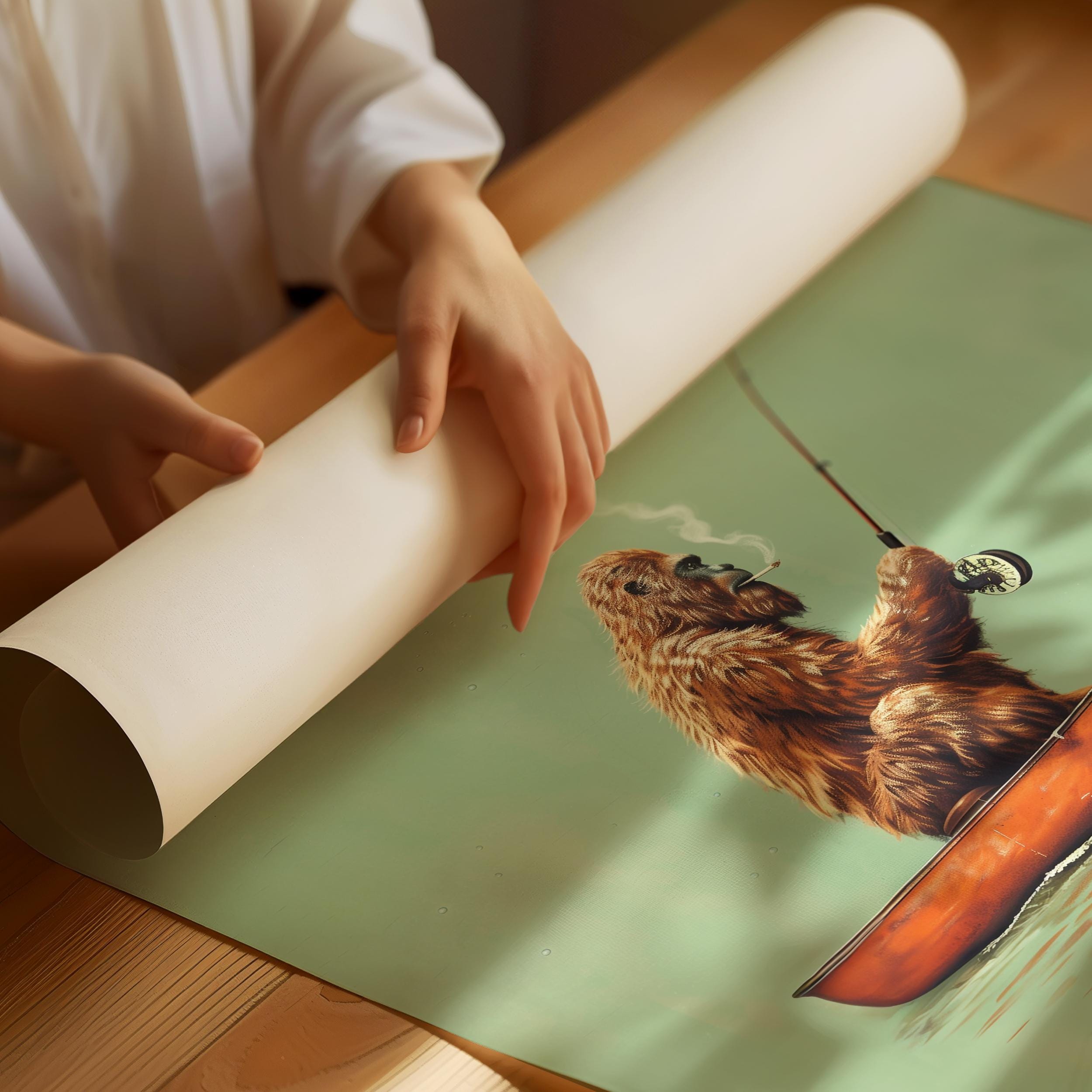 Bigfoot Fishing in Canoe Vintage Poster Art Funny Retro Sasquatch Print ...