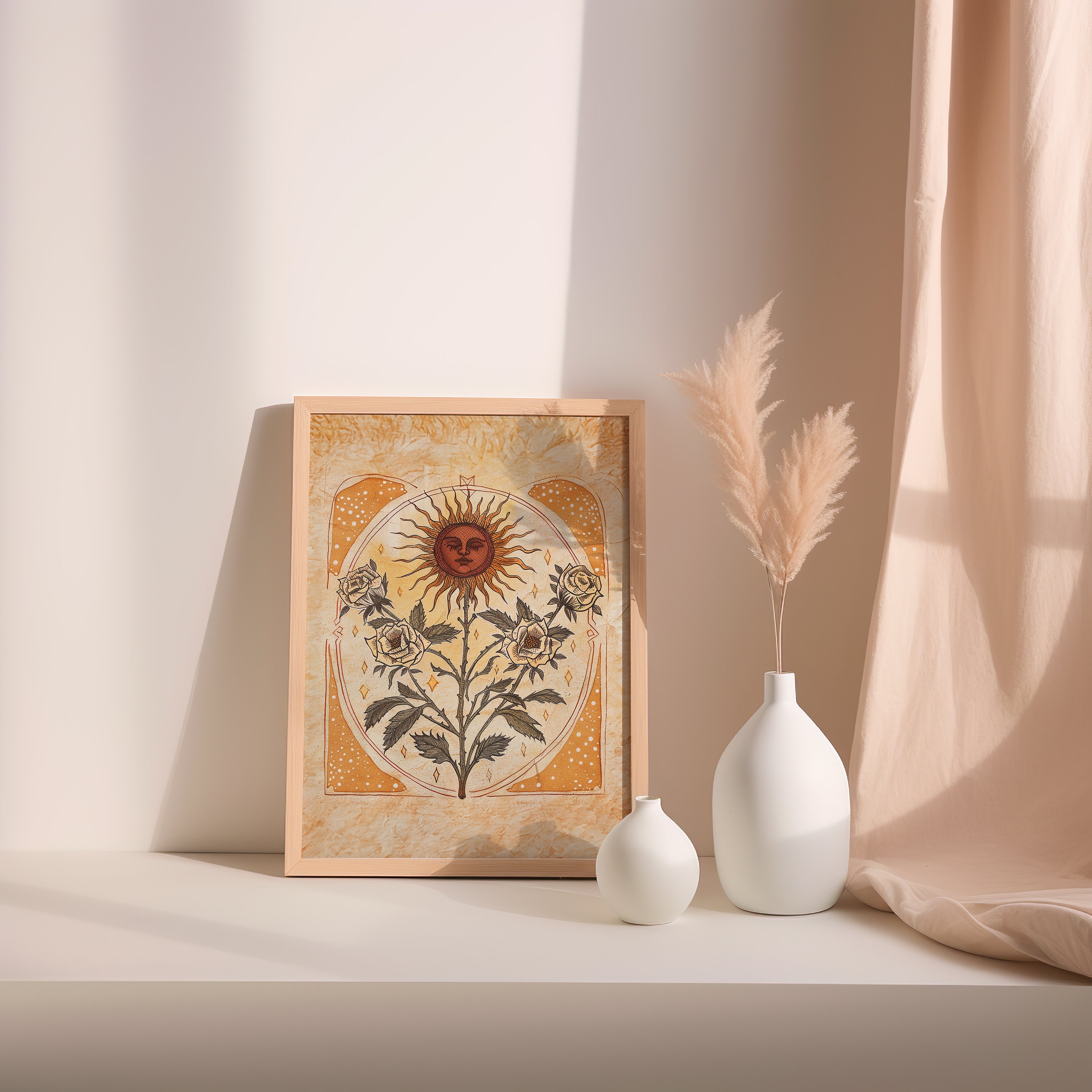 Sun Art Poster Mystical Folk Art Illustration Flowery Spiritual Print ...