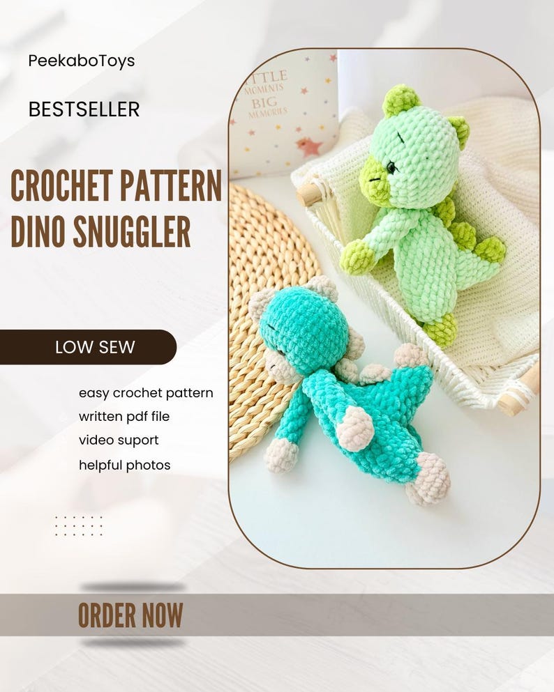 Dinosaur Snuggler Crochet Pattern , Easy Amigurumi Lovey , Dinosaur ...