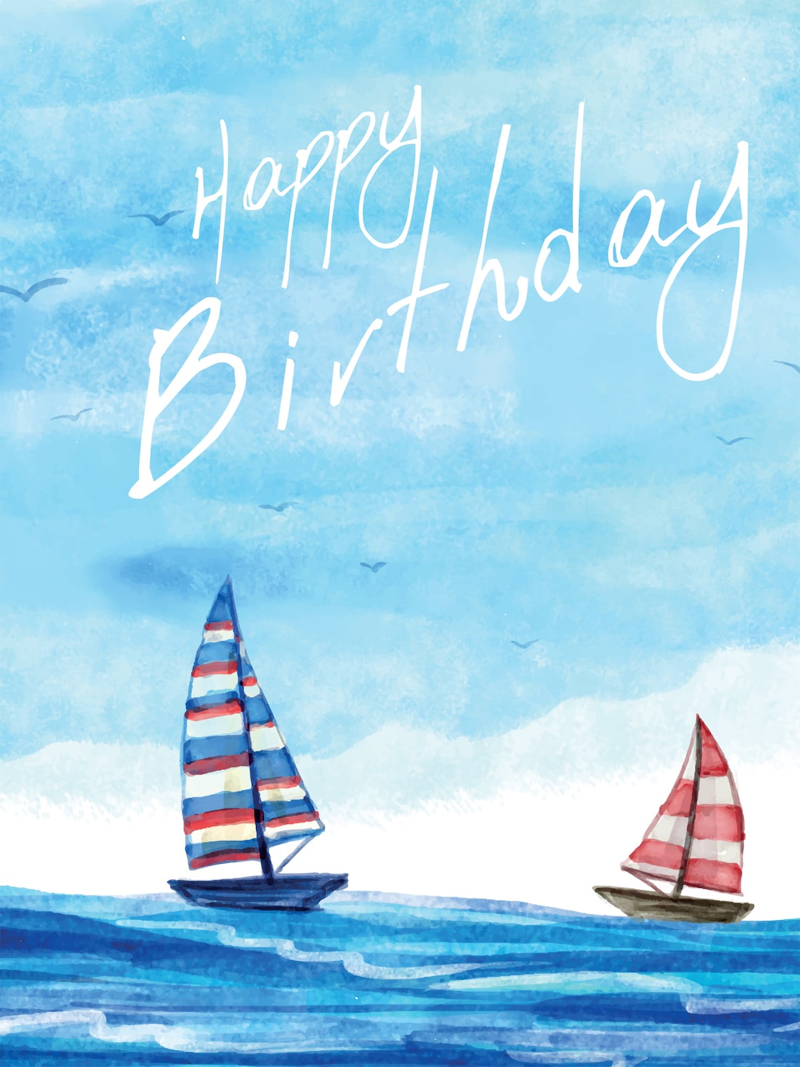 PRINTABLE Happy Birthday Digital Card Summer Watercolor Boats Sea Beach ...