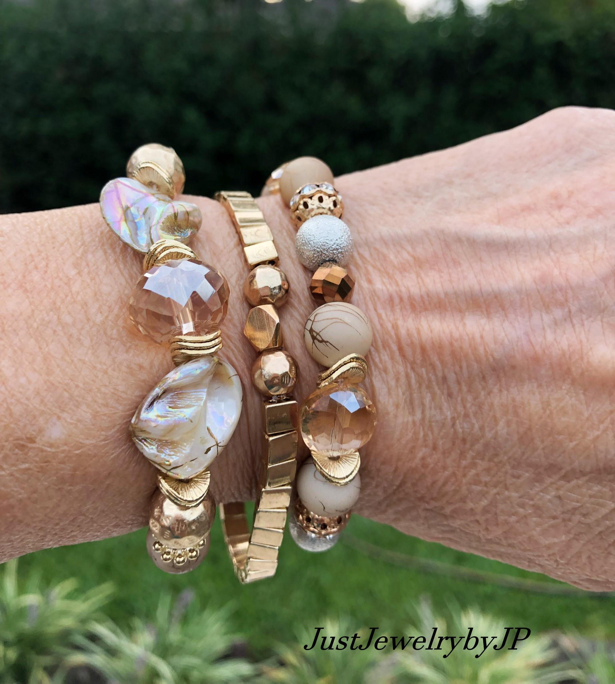 Stackable Layering Stretch Bracelet Set, Matte Gold, Beige, Brown ...