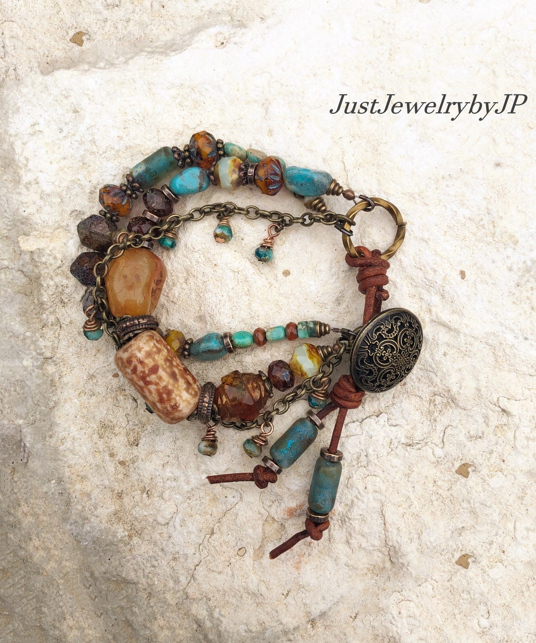 Boho Southwest Three Strand Bracelet With Button Leather Closure, Agate ...