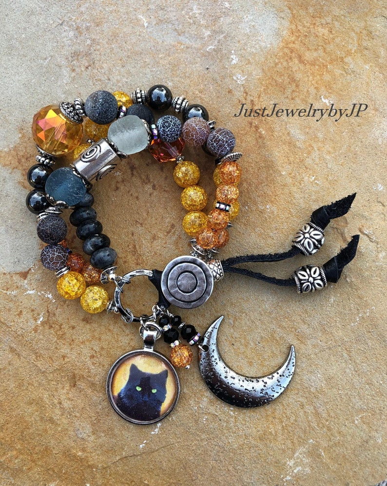Black Cat Bracelet, Moon Charm, Agate, Quartz, Hematite - Etsy