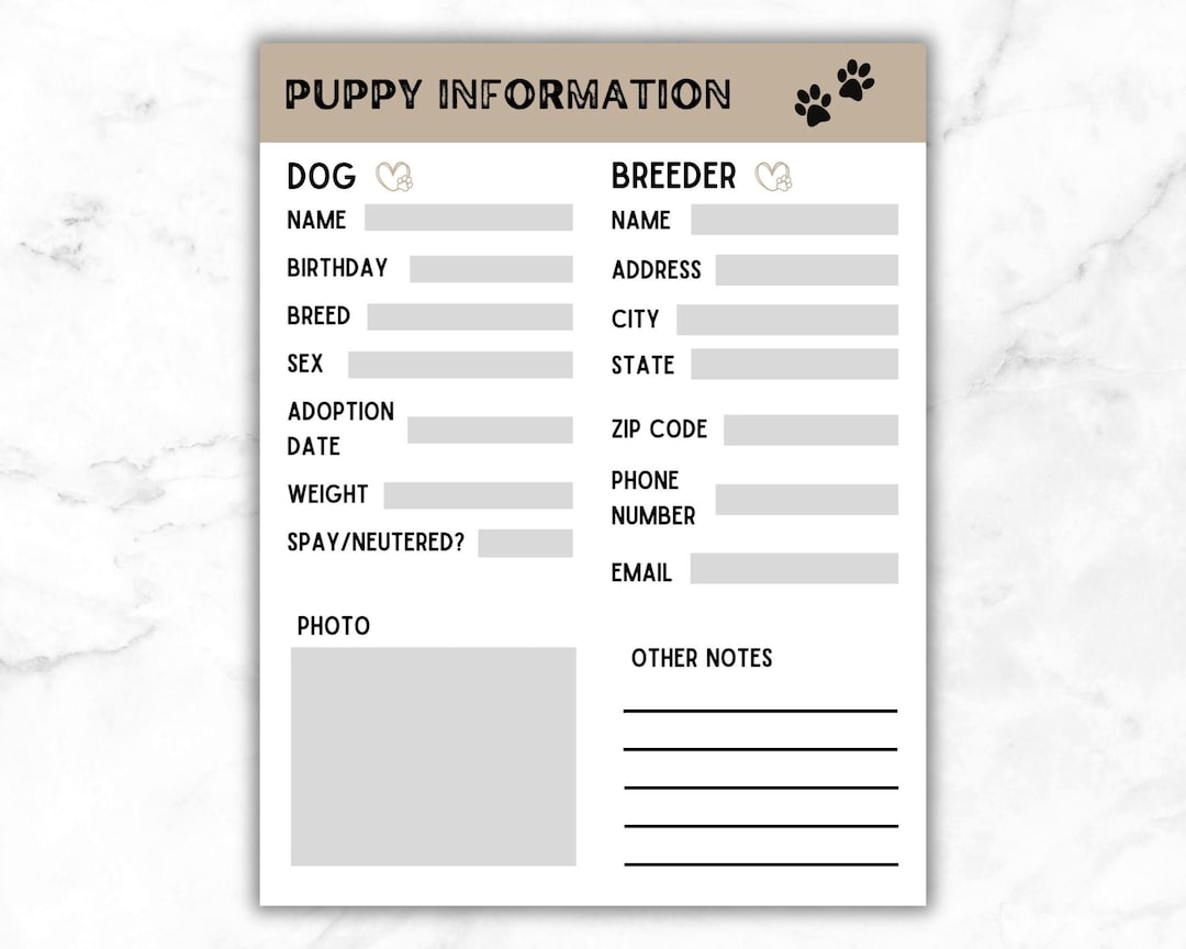 Puppy Information Sheet Tracker | New Dog Owner | Pet-sitters, Vets ...