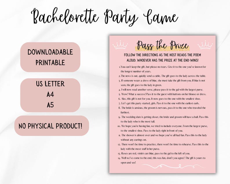 Bachelorette Party Game | Pass the Prize | Fun Printable Bridesmaid ...