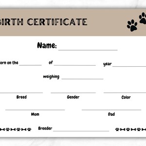 Puppy Birth Certificate | New Dog Owner | Celebrate Your Fur Baby ...