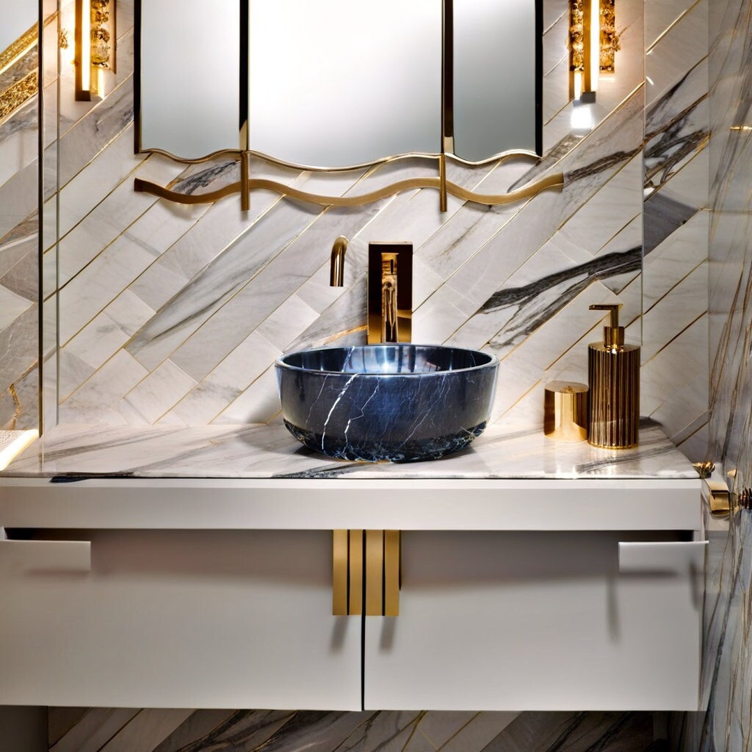 16" (41 Cm) Noble Alexandrette Black Marble Sink, Natural Marble Wash ...