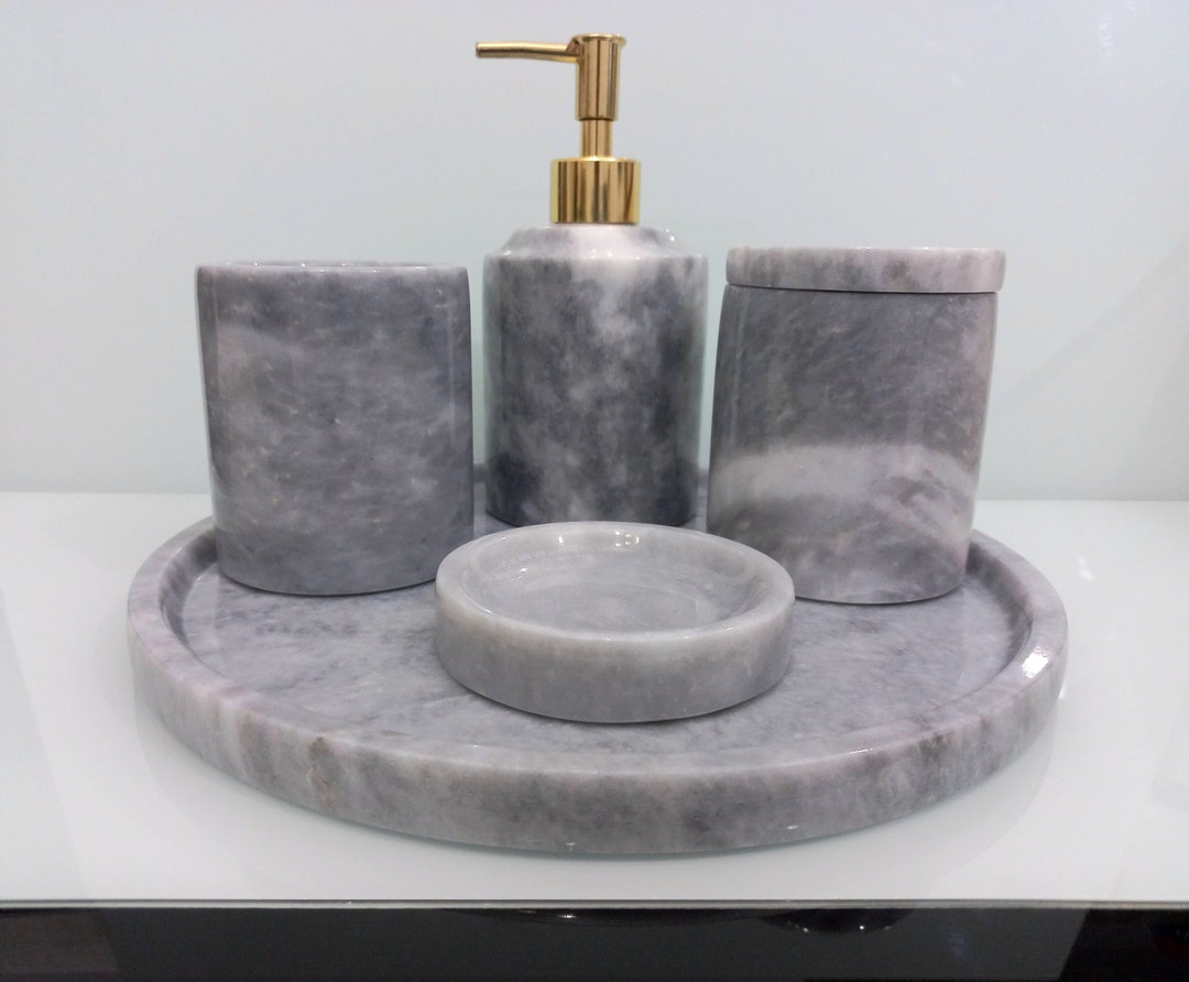 Natural Marble Bathroom Set, 5 Pieces, Afyon Gray Marble Bath Set ...
