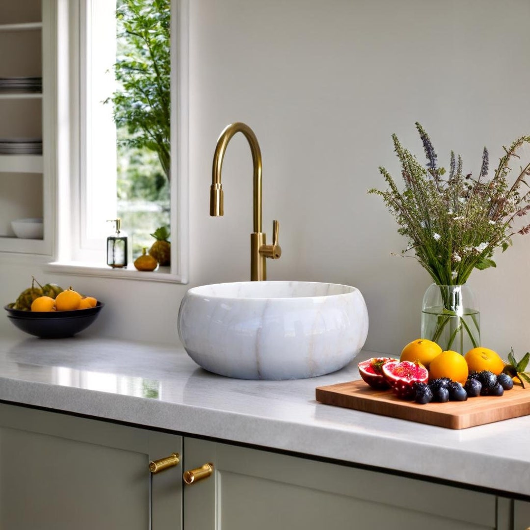 Natural Milk White Marble Sink for Countertops, Aesthetic Curved Wash ...