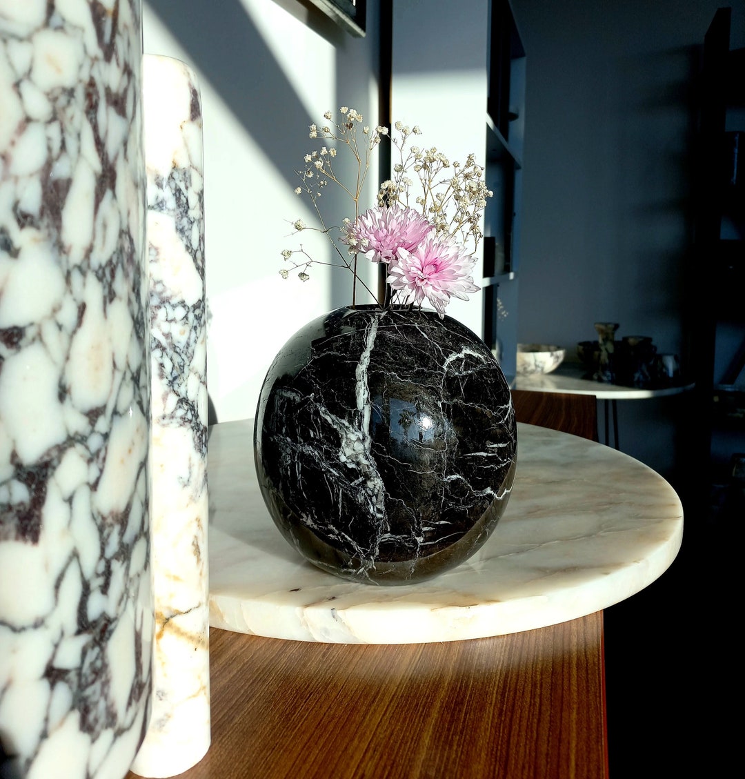 Planet Vase; Spherical Marble Vase, Natural Alexandrette Black Marble ...
