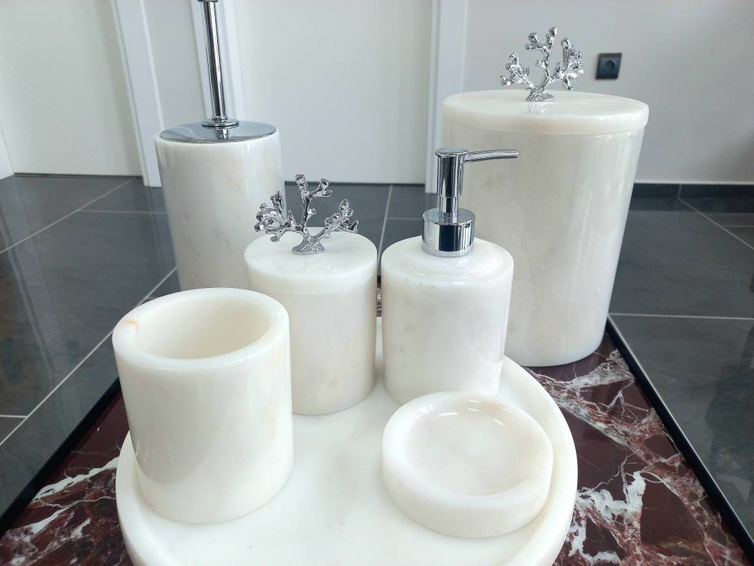 Natural Marble Bathroom Set, 7 Pieces, Pure White Marble Bath Set, Home ...