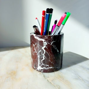 Natural Marble Pen Holder, Rosso Levanto Marble Brush Holder, Genuine ...