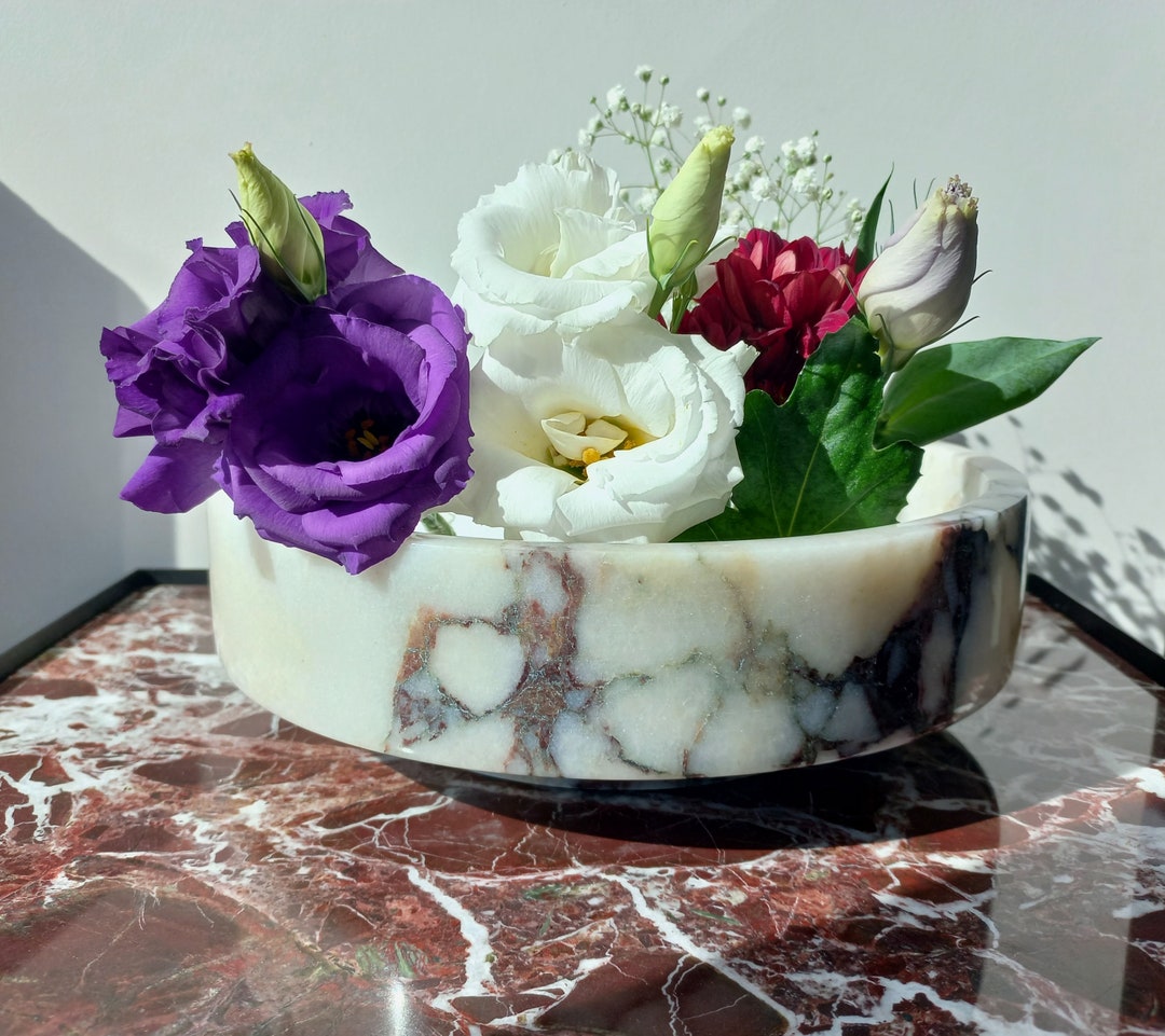 10" (25 Cm) Marble Flower Decoration Bowl, Natural Calacatta Viola ...